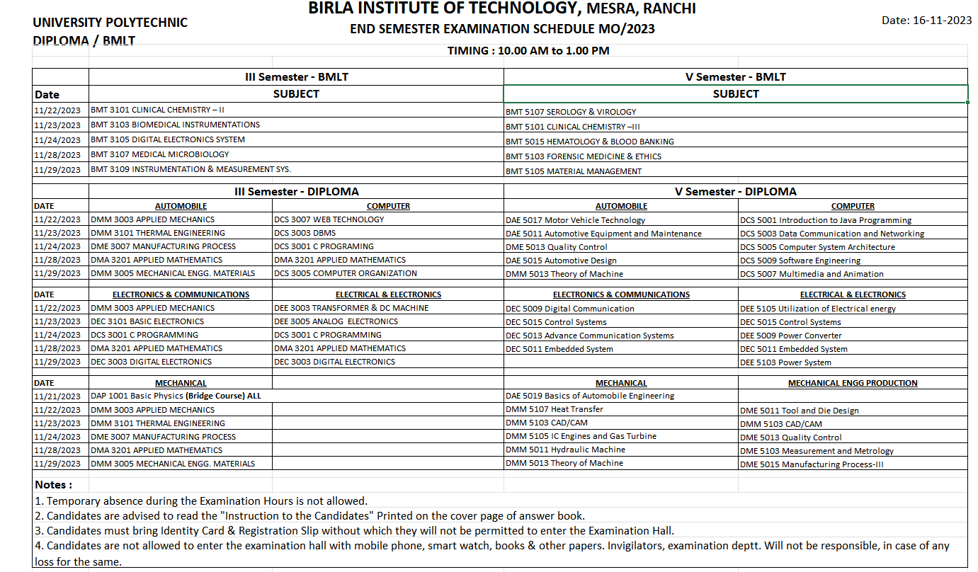 Examination Schedule